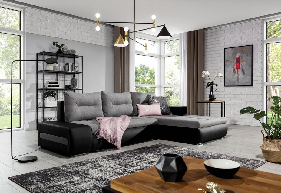 Kathy Home - Canapé convertible angle droit tissu beige chiné et simili ...