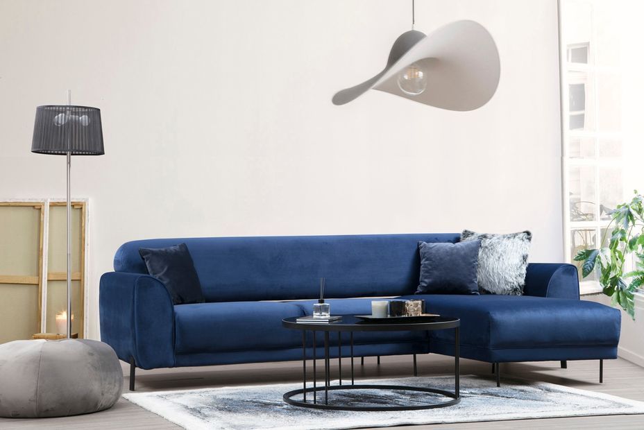 Les Tendances - Canapé d'angle droit design velours bleu marine et ...