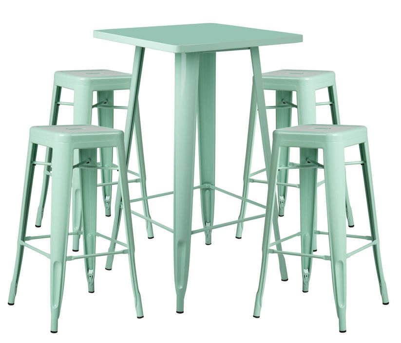 Table de bar carrée vert pastel brillant et 4 tabourets industriel ...
