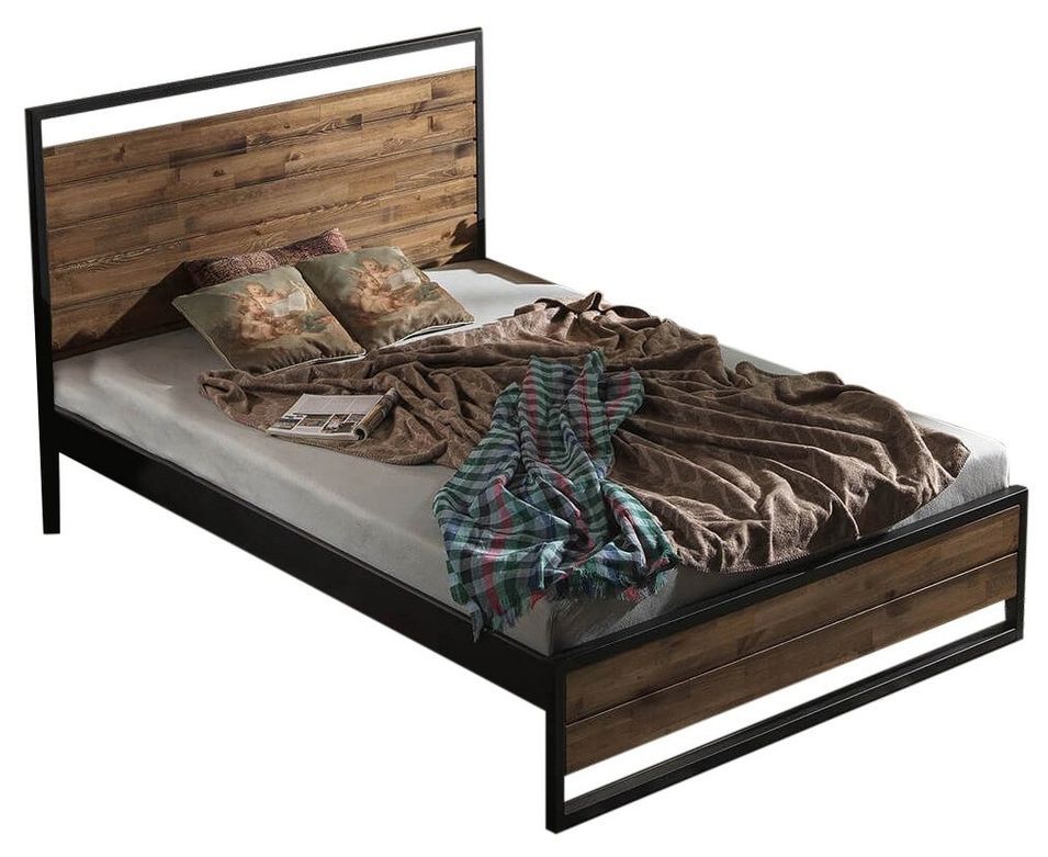 Lit double style industriel bois massif marron et métal noir Mikara - 6 ...