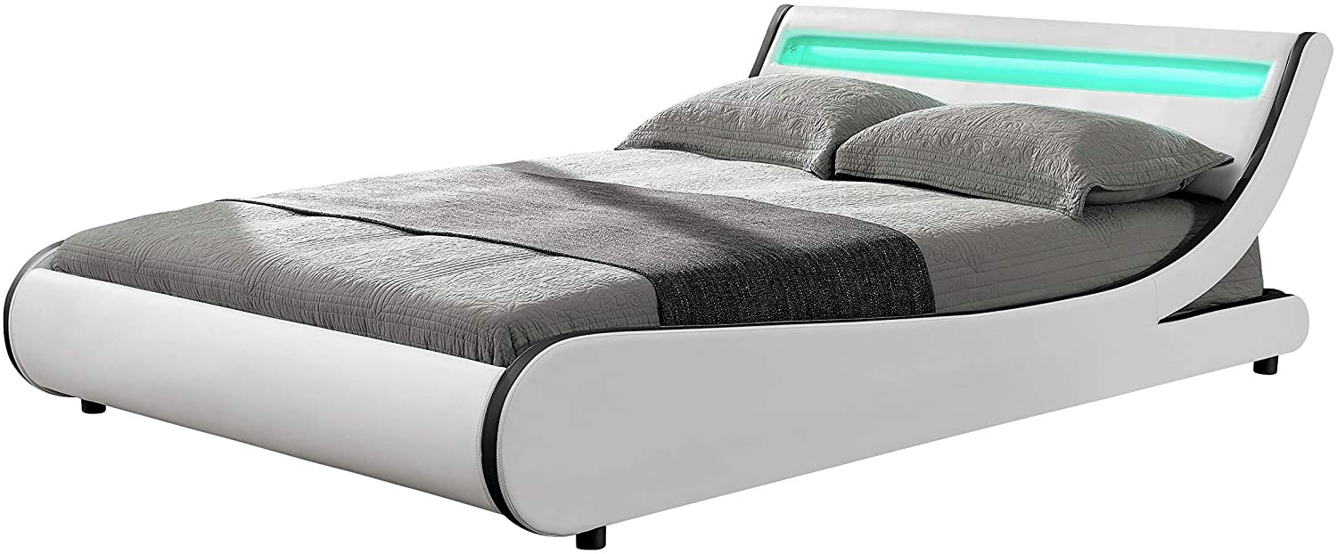 Lit à led 90x190 cm simili cuir blanc liseré noir Dorma | LesTendances.fr