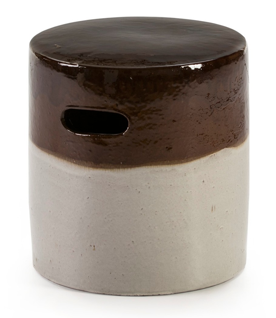 Thai Mobilier - Tabouret bas rond grès brun et blanc | LesTendances.fr